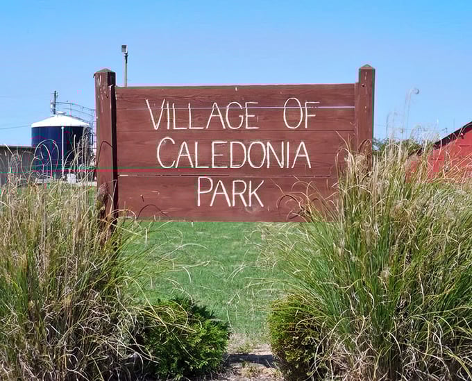 Village of Caledonia Park sign – where tall grasses frame a welcome to community gatherings that haven't changed much in fifty years.