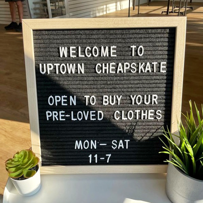 A welcome sign that perfectly captures the spirit of the place—where "pre-loved" is preferred to "secondhand" and savings are always in style.