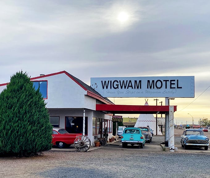 The main office building anchors this concrete village where nostalgia meets genuine hospitality perfectly.