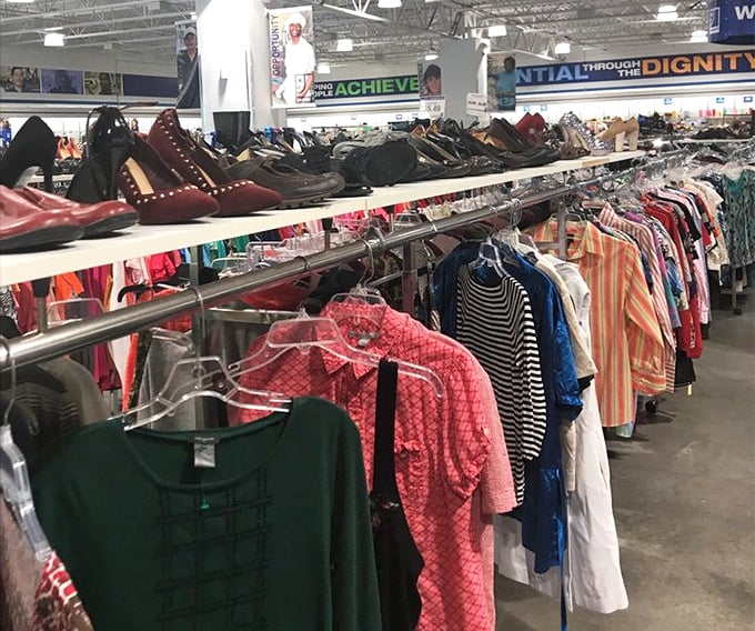 The women's clothing section stretches toward the horizon. Shoes above, blouses below – a fashionista's playground where budget meets style.