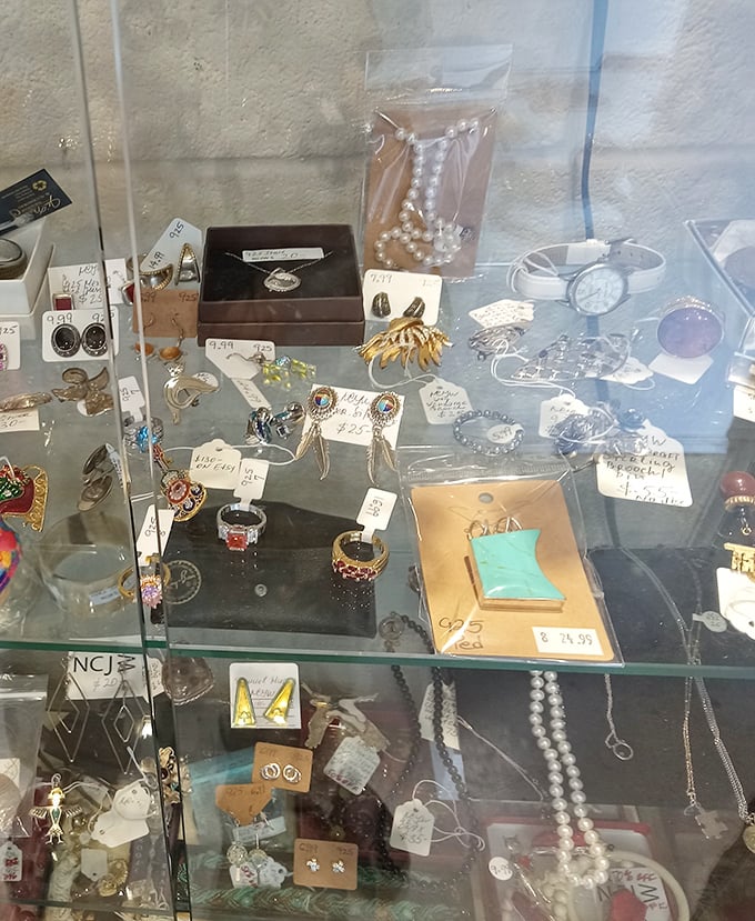 The jewelry case—where costume pieces with personality wait to become your signature accessory at a fraction of department store prices.