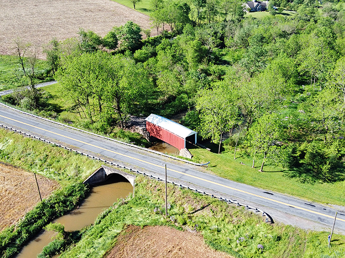 From above, it looks like a red ribbon gift-wrapped by Pennsylvania's countryside itself.