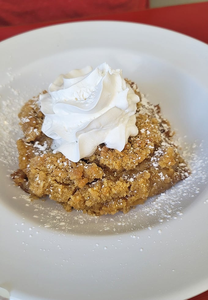 Apple crisp crowned with whipped cream – because sometimes dessert for breakfast is just good life choices.