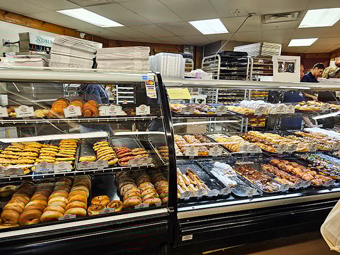 The bakery case: where willpower goes to die and happiness begins. Those donuts aren't just calling your name – they're shouting it through a megaphone.