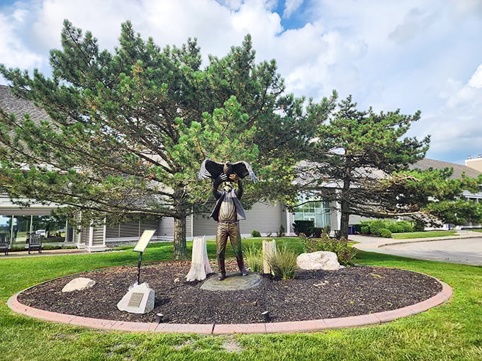 This bronze figure stands guard at the lodge—eternally ready for whatever weather Lake Erie decides to throw at visitors who forgot to pack a jacket.