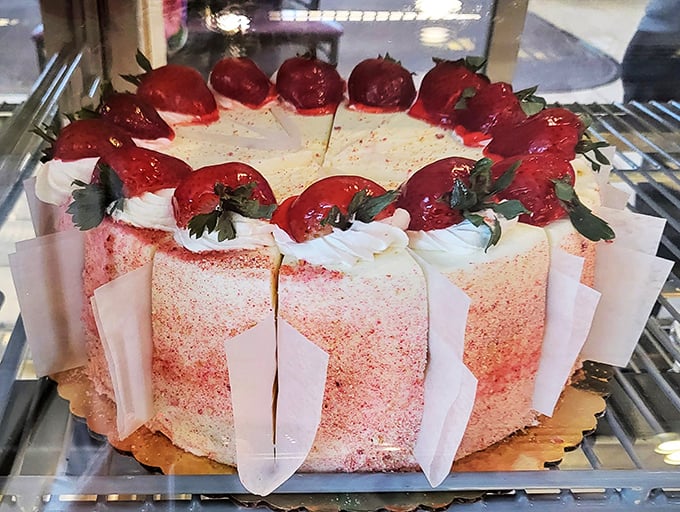 Strawberry-crowned cake behind glass—the siren of the dessert case. Making you question whether breakfast should actually end with dessert (hint: it should).