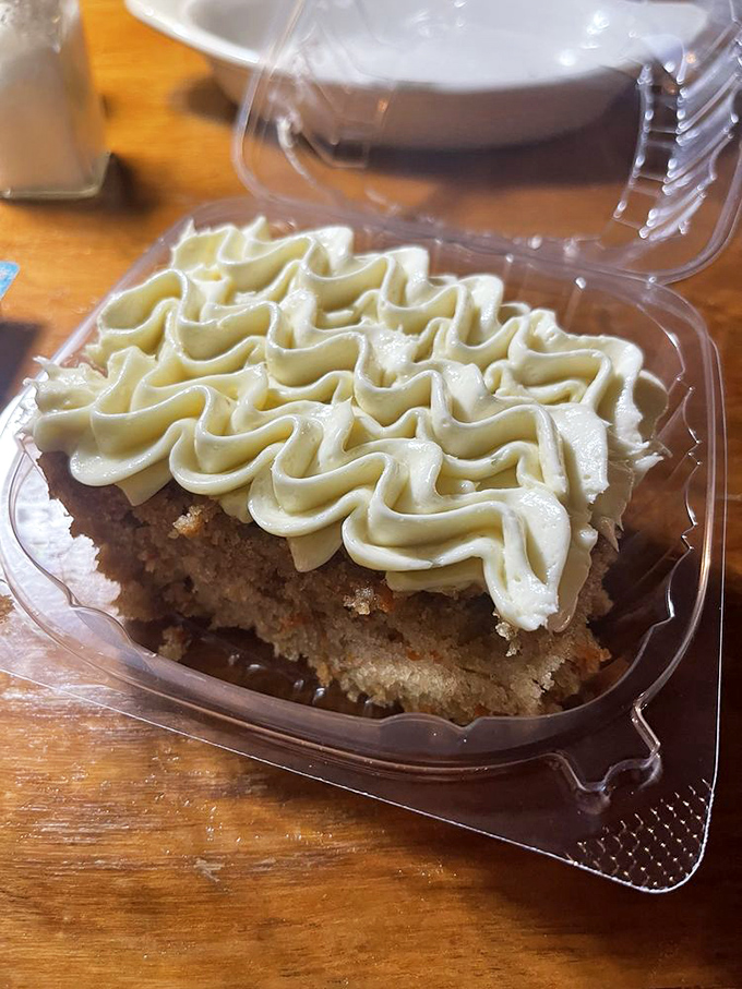 Carrot cake that makes you wonder why anyone bothers with chocolate. That cream cheese frosting is applying for landmark status.
