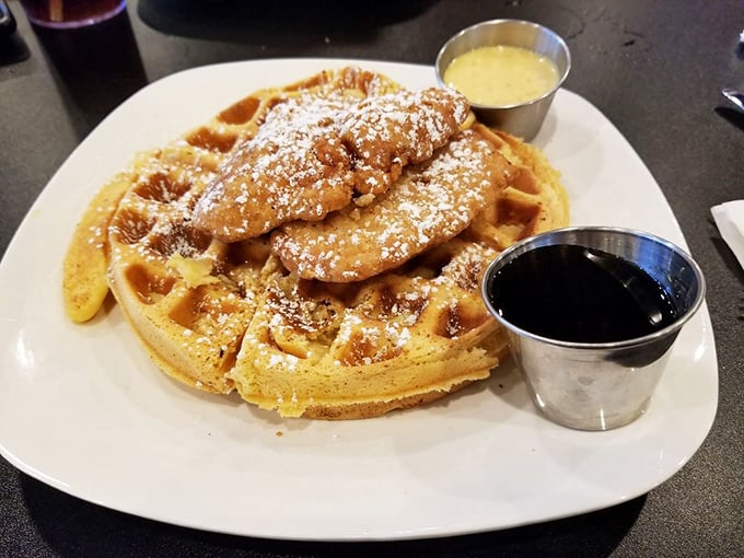 The chicken and waffle: crispy, sweet, savory, and dusted with powdered sugar. A breakfast contradiction that somehow makes perfect sense.