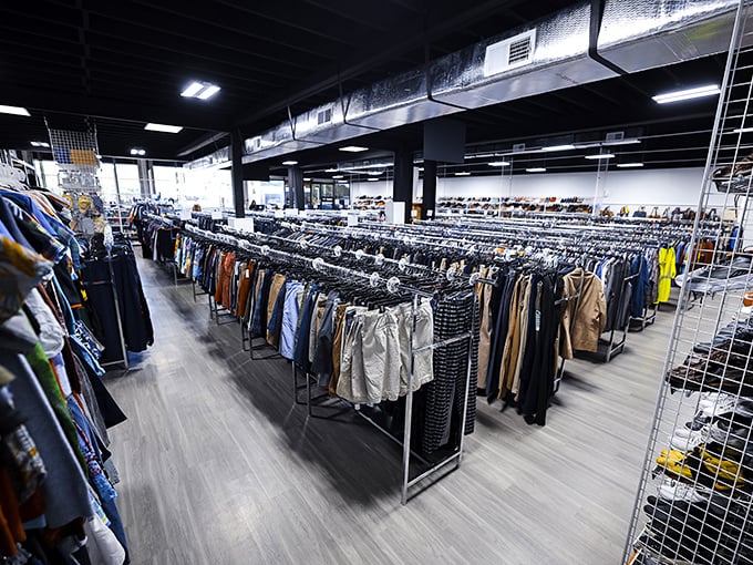 The men's section stretches to the horizon—a sea of potential wardrobe upgrades where yesterday's fashion becomes tomorrow's signature look.