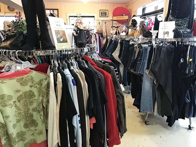 The denim jungle, where jeans of all eras coexist peacefully. That perfect pair of broken-in Levi's might be hiding between a 90s windbreaker and vintage evening gown.
