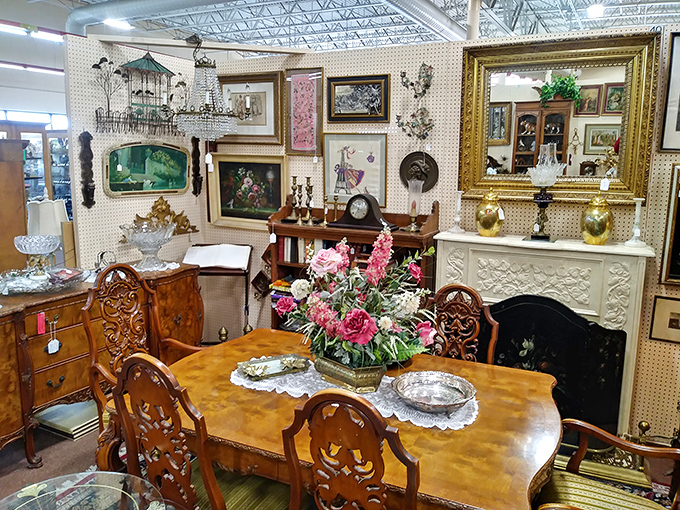 Not just furniture—this is a complete dining room tableau that whispers of holiday gatherings and family dinners from another era.