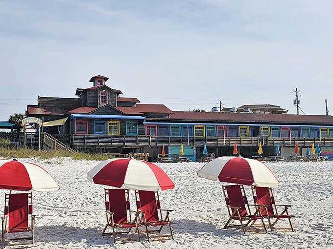 From the beach, Pompano Joe's looks like the kind of place Jimmy Buffett would write a song about—casual, colorful, and calling your name.