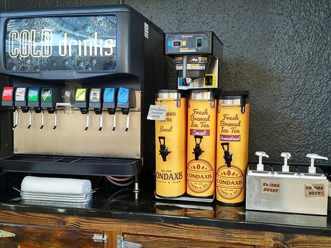 The beverage command center, where sweet tea flows like liquid sunshine—the perfect counterpoint to all that smoky, savory goodness.