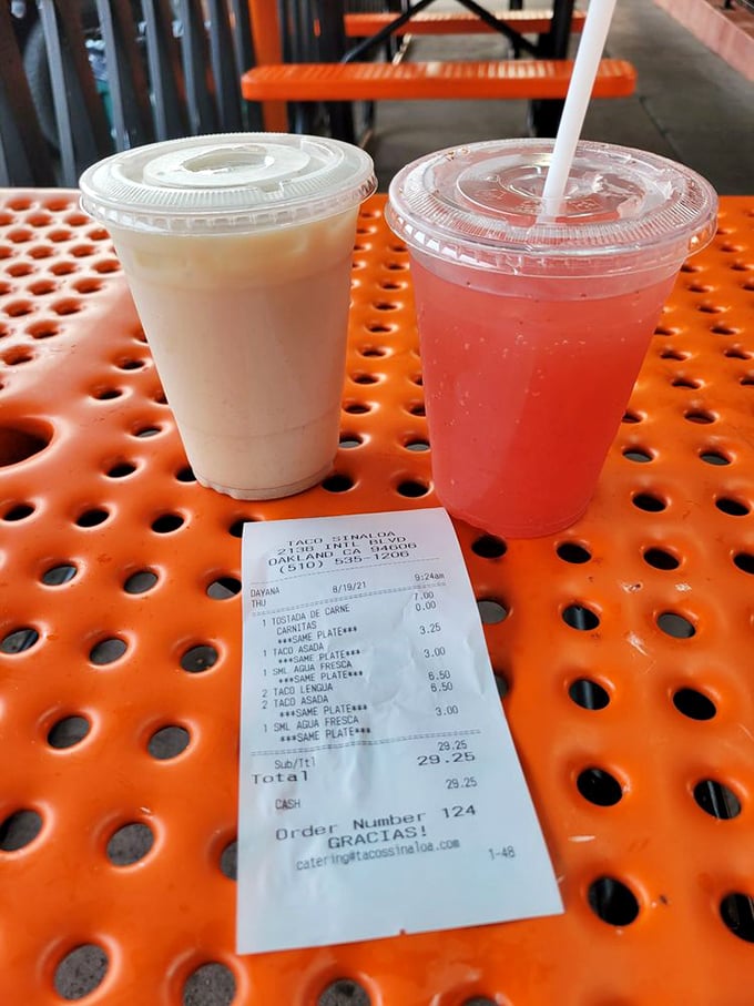 Horchata and agua fresca: the dynamic duo of Mexican refreshment. The receipt serves as evidence that culinary joy doesn't require a second mortgage.