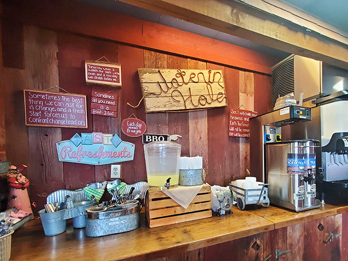 The drink station, where sweet tea flows like liquid gold. Those inspirational signs aren't just decoration—they're preparing you for the religious experience to come.