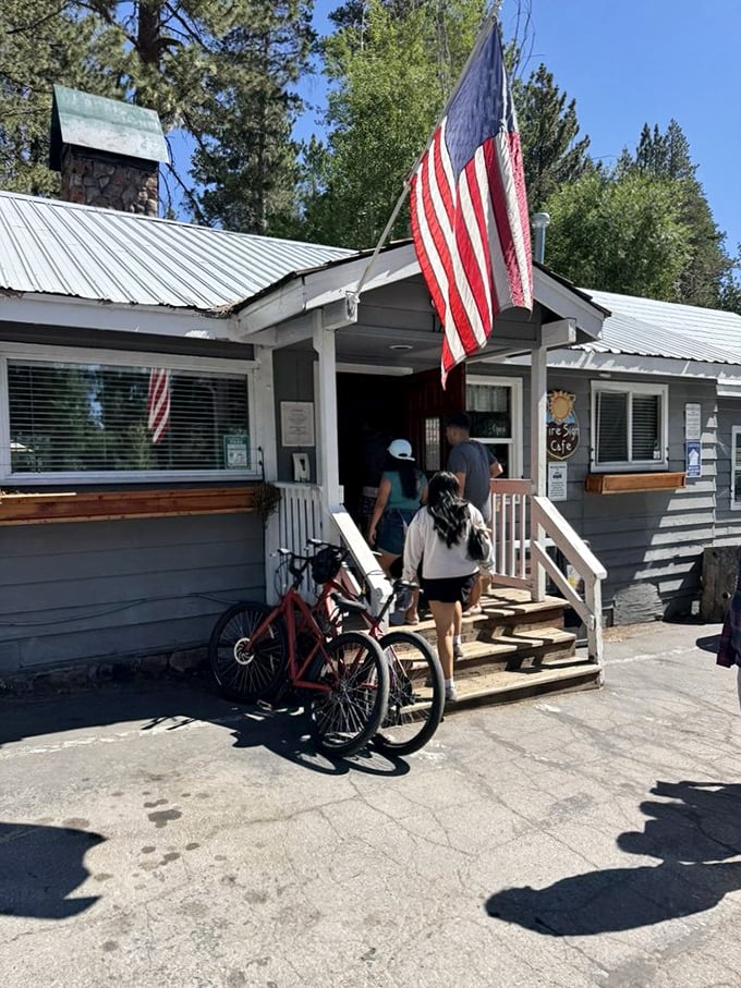 The entrance to breakfast bliss. Bikes parked outside suggest the perfect Tahoe day: fuel up at Fire Sign, then burn it off on lakeside trails.