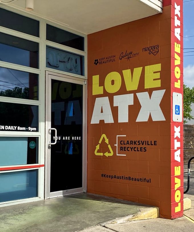 "LOVE ATX" says it all—Galaxy Cafe embraces Austin's community spirit and commitment to keeping the city beautiful and well-fed.