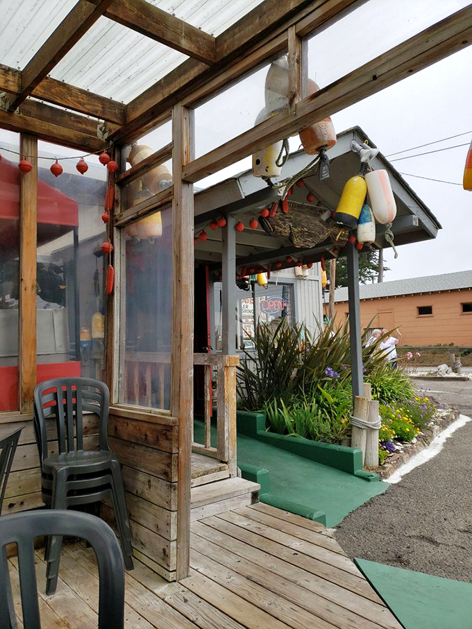 An entrance that says "leave your fancy expectations at the door"—the weathered wood and fishing buoys are your first clue that authenticity awaits.