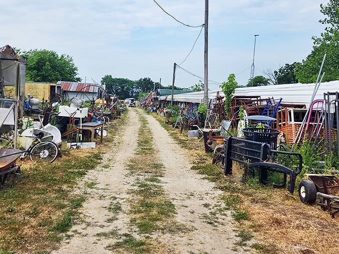 The ultimate picker's paradise stretches down a sun-dappled lane. Each pile contains possibilities – one person's castoff is another's centerpiece.