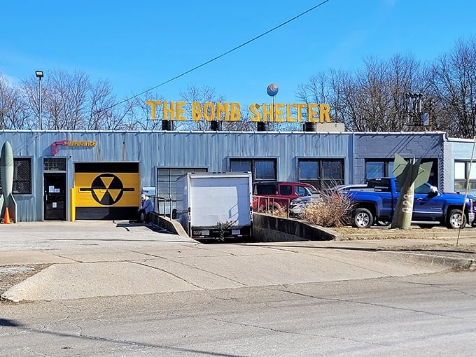 The exterior reveals its Cold War inspiration with a nuclear symbol that promises protection from atomic threats—or at least from boring home décor.
