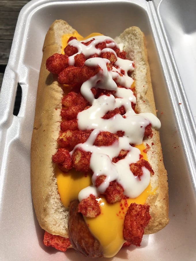 This hot dog's fiery toppings aren't just food—they're a dare wrapped in a bun. Your taste buds will thank you for accepting the challenge.
