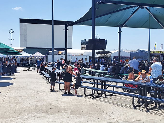 Food court seating where you can rest your feet and plan your next treasure hunt. 