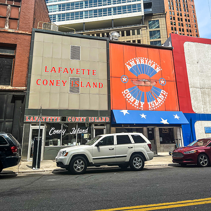 The neighboring storefronts of Lafayette and American Coney Island—a culinary rivalry that's divided Detroit families for decades. Choose your fighter wisely. 
