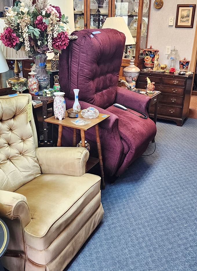 The throne room of Bob's Bargain Barn—where recliners and armchairs create cozy testing stations amid the treasure hunting adventure.