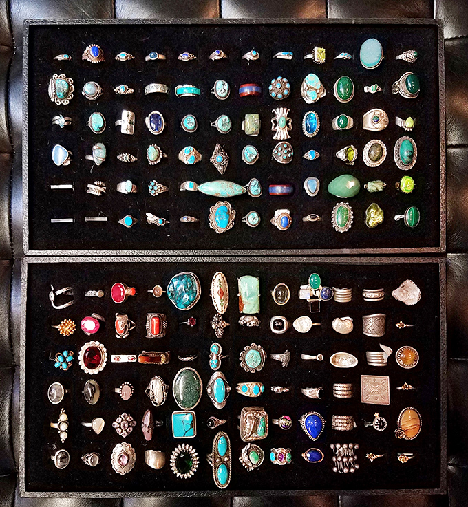 A jewelry box explosion of gemstone rings – each one unique, like tiny portable art galleries for your fingers.