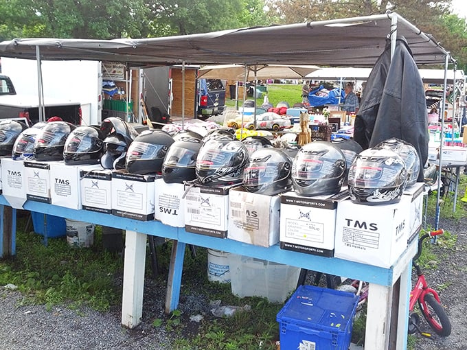 Safety first, savings second. These brand-new helmets prove that flea markets aren't just about vintage finds—practical bargains await the savvy shopper.