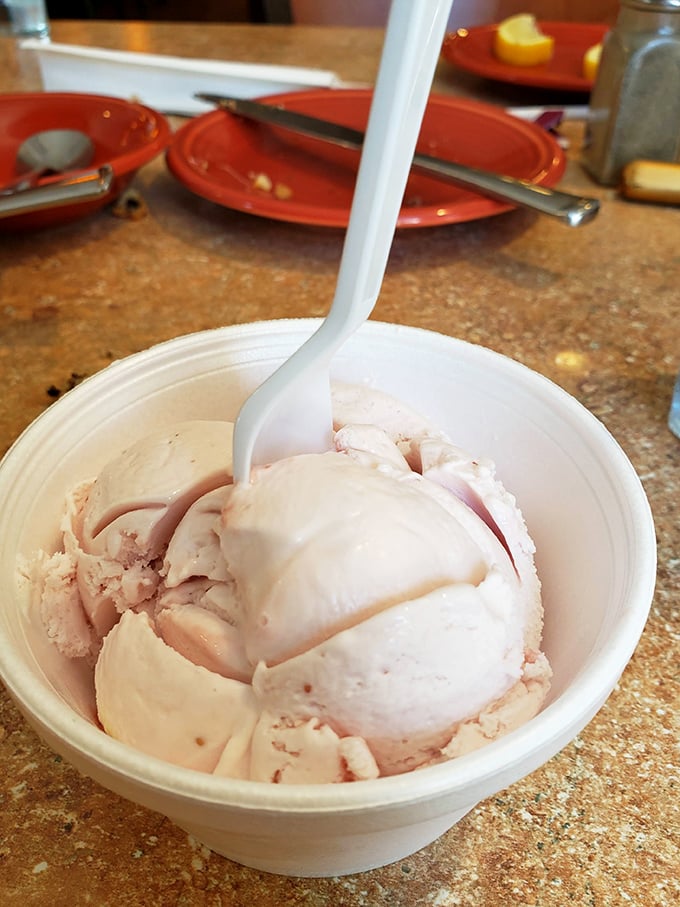 Homemade ice cream scooped with generous abandon. This isn't some precious, tiny-portioned dessert—it's the creamy finale that makes the drive to Salladasburg completely worthwhile.