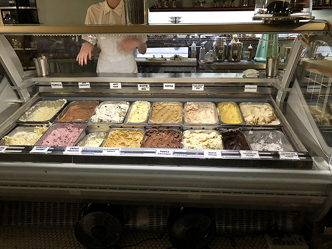 The ice cream case—nature's most perfect rainbow. Each flavor patiently waiting its turn to become the highlight of someone's day.