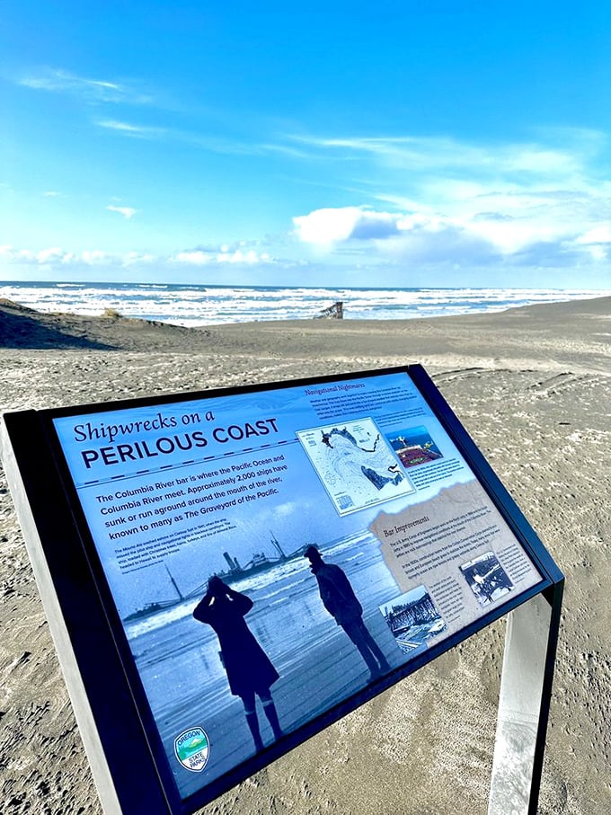 Shipwrecks on a Perilous Coast—informative displays near the wreckage help visitors understand why this stretch earned its ominous nickname: "The Graveyard of the Pacific."