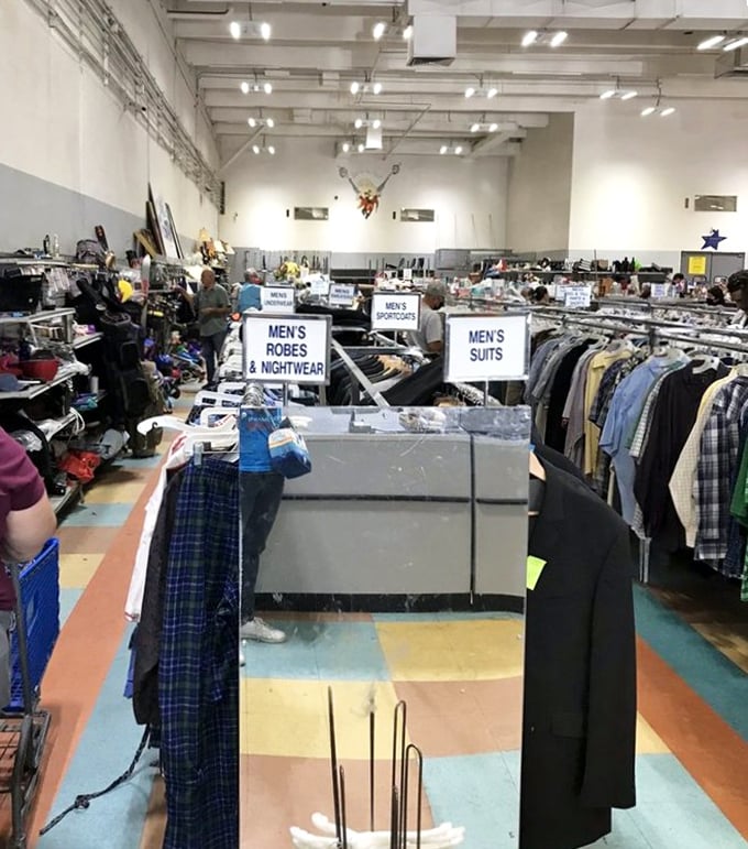 Men's suits and robes stand at attention, ready for their next interview or lazy Sunday morning coffee ritual.