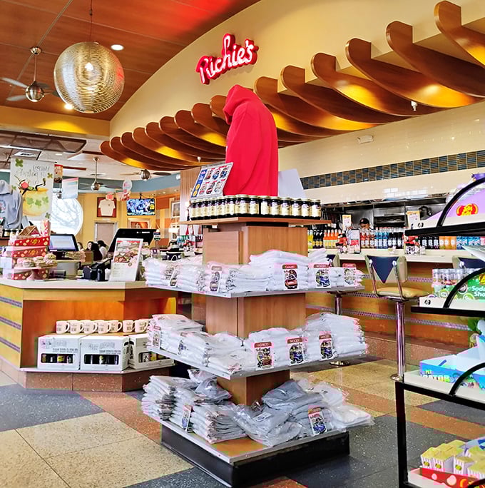 The merchandise corner—because sometimes you need a souvenir to remember your meal by, even though your taste buds won't forget.