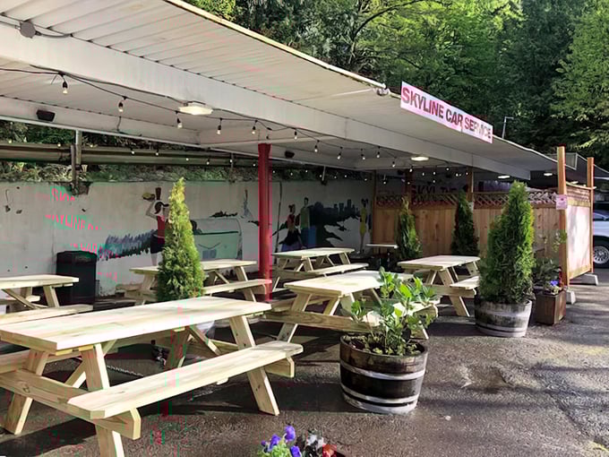 The outdoor seating area invites you to enjoy your burger paradise al fresco—picnic tables, planters, and Oregon's famously fickle weather permitting.