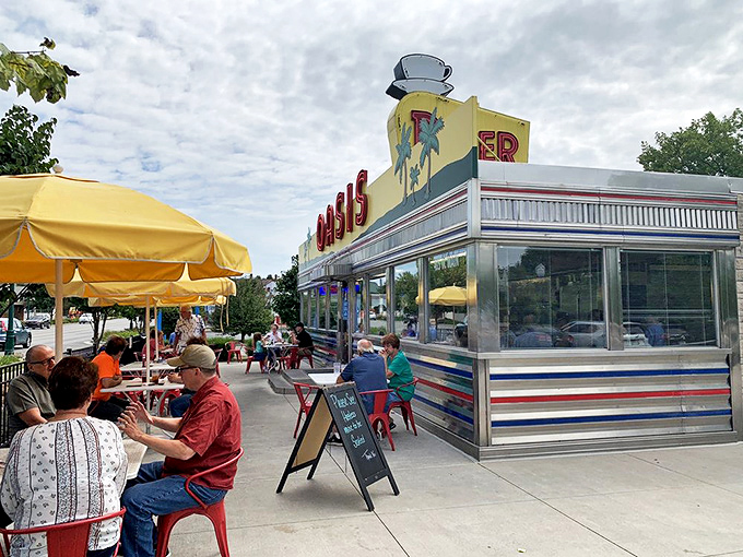 Al fresco dining, diner-style—where the people-watching is as satisfying as the food, and every yellow umbrella marks the spot for tenderloin treasure.