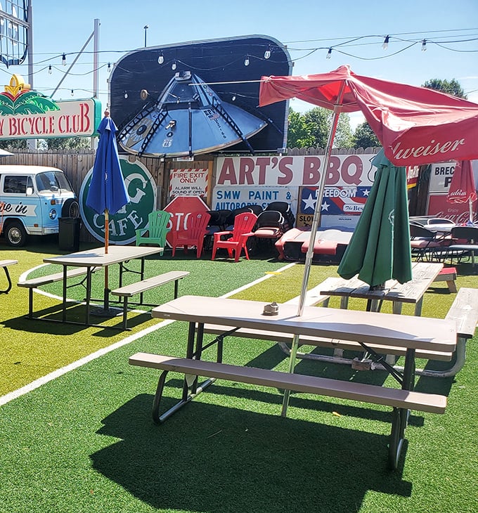 The outdoor area proves Motorheads isn't just about looking back – it's about creating new memories against a backdrop of automotive nostalgia.