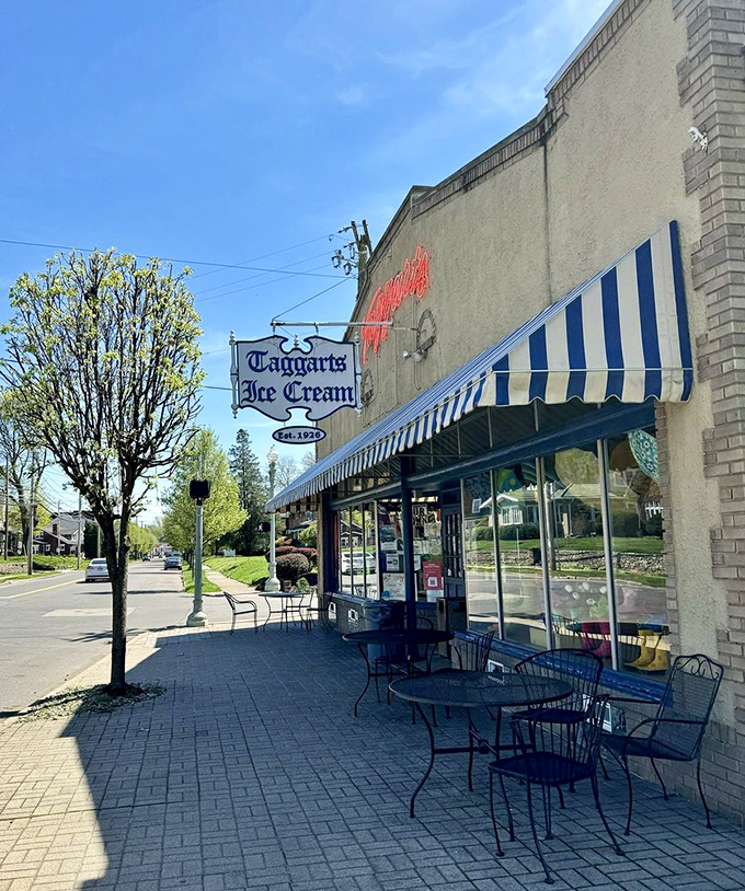 On sunny days, the outdoor seating area becomes prime real estate – where the only thing better than ice cream is ice cream with a side of people-watching.