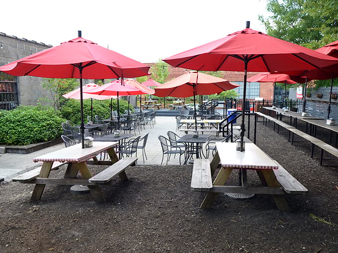 Red umbrellas create the perfect outdoor dining oasis where great burgers taste even better under Virginia's beautiful skies.