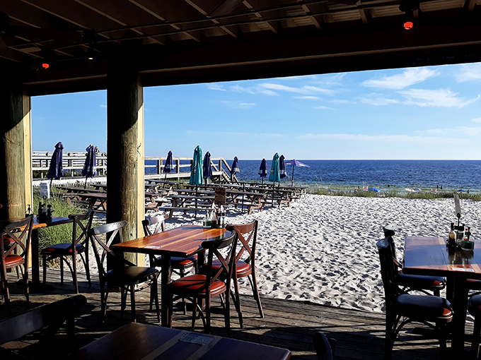 Dining with a view that makes you wonder why you ever eat indoors. The Gulf of Mexico doesn't just provide the food here—it's the star entertainment.