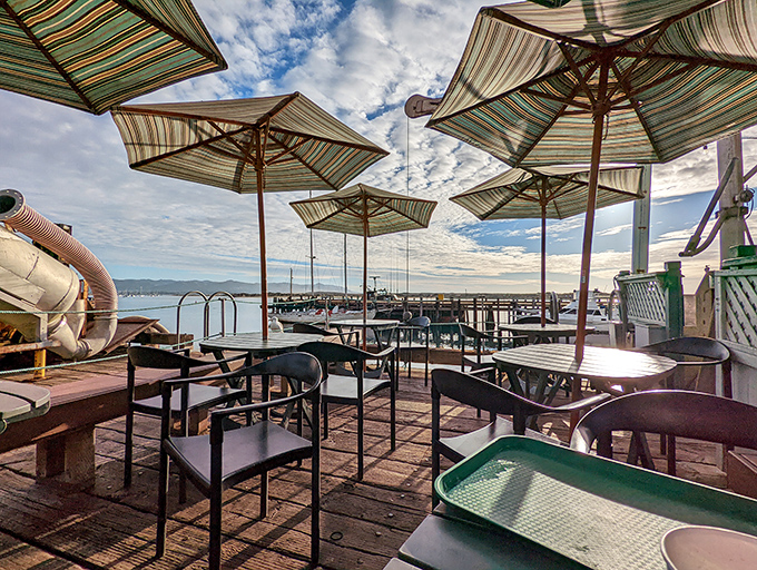 Outdoor seating that reminds you why California coastal dining sets the standard. Those striped umbrellas frame postcard-worthy bay views.