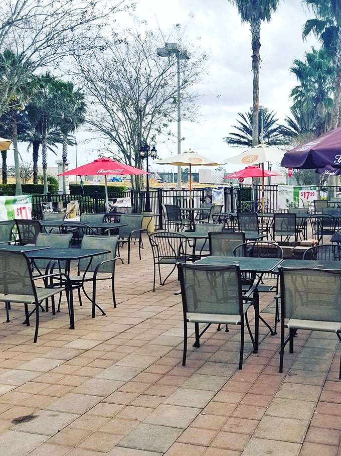 Florida's weather was made for outdoor dining—palm trees sway as you enjoy your meal under colorful umbrellas in this peaceful patio oasis.