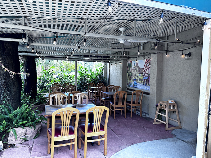 The outdoor seating area offers a garden-like escape, where schnitzel dreams come true under Florida skies.