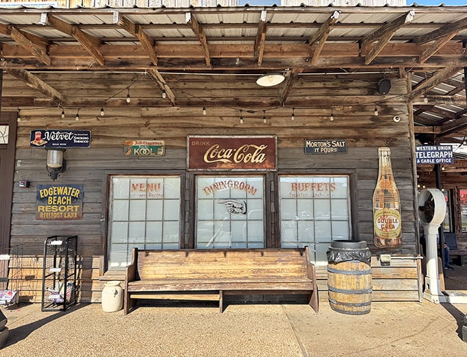 Rustic benches beneath vintage signs invite you to sit a spell. In the South, conversations are best served with a side of nostalgia.