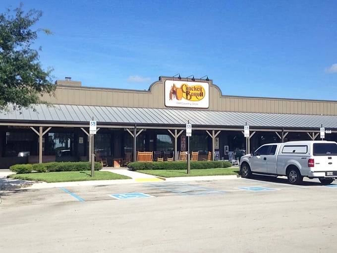 The parking lot – your first clue that locals know something delicious is happening inside those wooden walls.