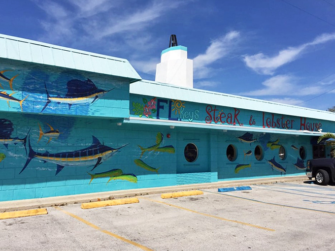 The exterior mural isn't just decoration—it's a preview of coming attractions. Those painted marlins and mahi are the restaurant's equivalent of movie posters.