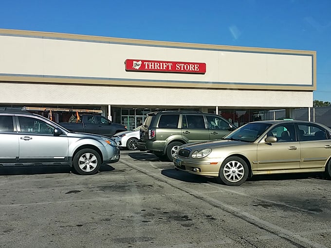 A packed parking lot tells the true story—this isn't just shopping, it's a community event. Thrifters know: arrive early for the best selection!