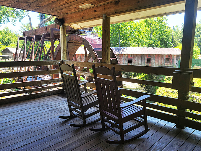 The front-row seats to tranquility. These rocking chairs overlooking the water wheel offer the perfect spot to contemplate life's big questions—or just enjoy your coffee.