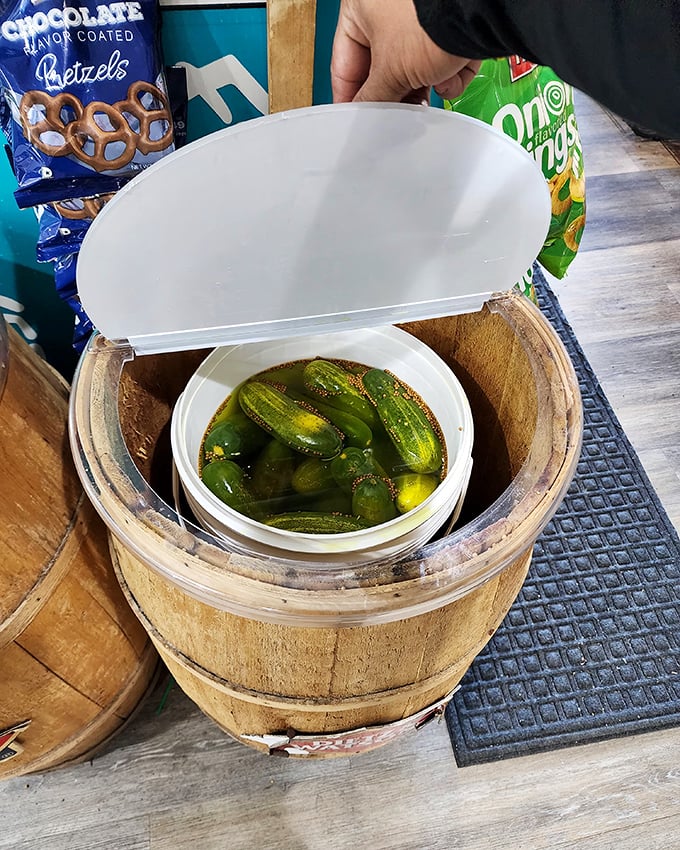Barrel-aged pickles—the unsung heroes of the deli experience—waiting patiently to add their vinegary crunch to your sandwich adventure.